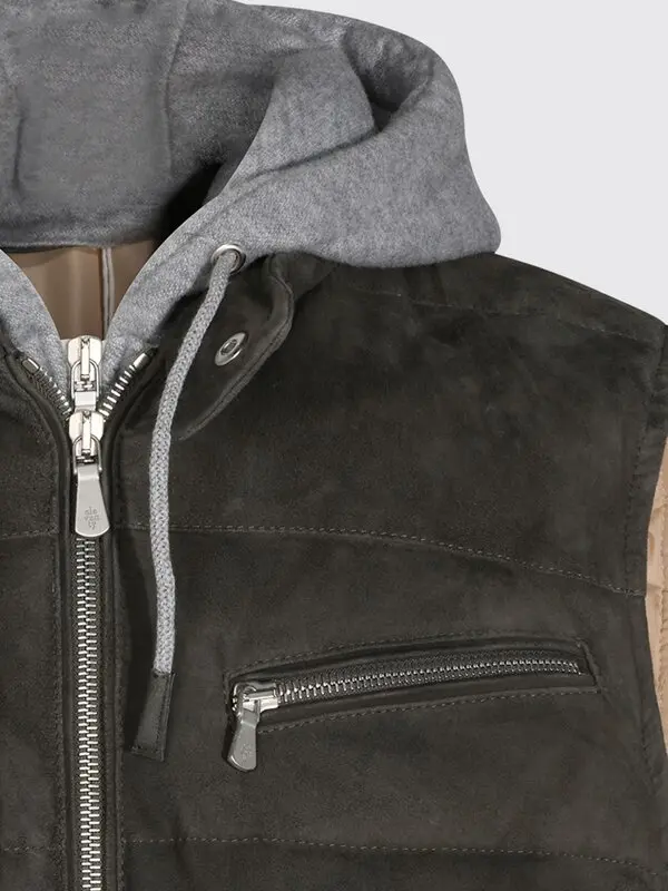 Eleventy Quilted Suede Leather Padded Vest With Hood - Grey