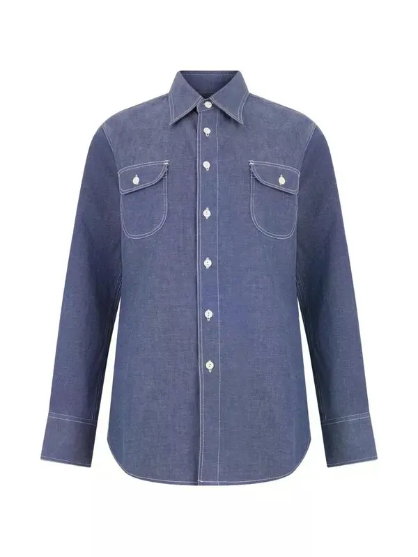 MOORER Contrast-stitch Chest-pocket Shirt - Blue