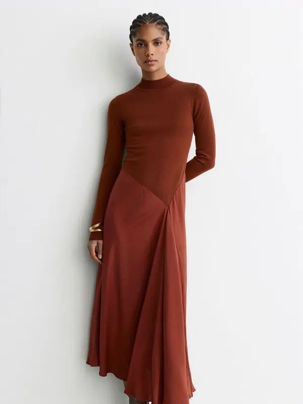 REISS Knitted Woven Mix High-neck Midi Dress