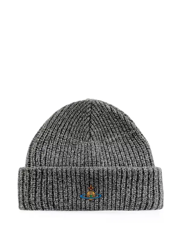 VIVIENNE WESTWOOD Sporty Orb-embroidered Ribbed Beanie Hat - Grey