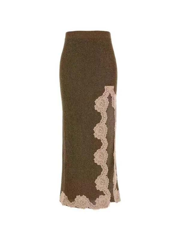 Valentino Garavani Lace-trim Ribbed-knit Midi Skirt - Brown