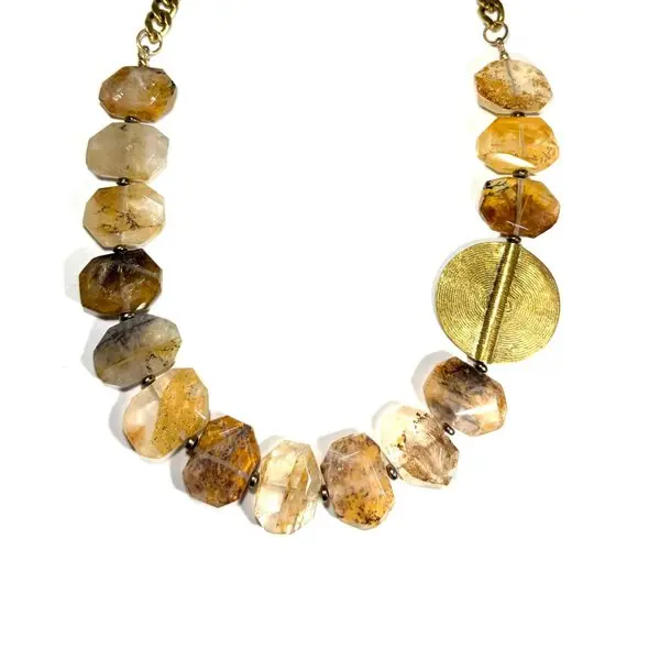 Rachel Nathan Golden Dendritic Quartz & Brass Medallion Necklace