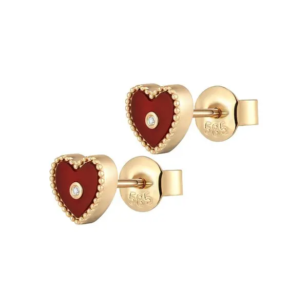 LARISA BEAUMONT Mini Onyx Heart Stud Earrings Solid 14k Gold - Red