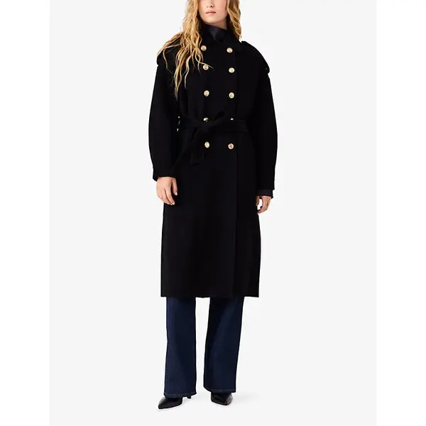 Maje Long Belted-waist Wool-blend Coat