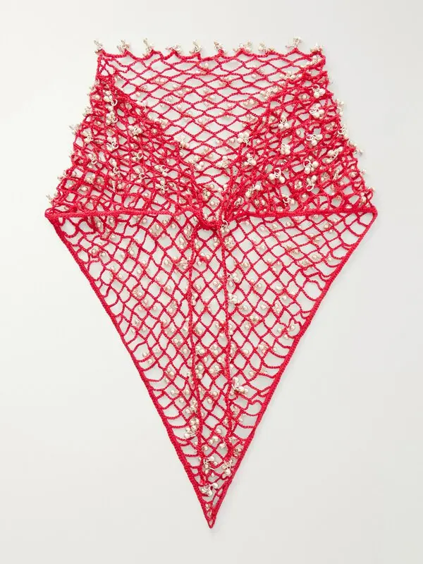 YOSHITA 1967 Embellished Cotton Crochet-knit Bandana - Red