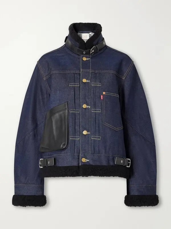 Sacai Plush And Leather-trimmed Denim Jacket - Blue