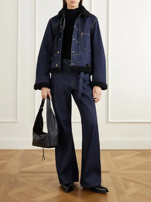 Sacai Plush And Leather-trimmed Denim Jacket