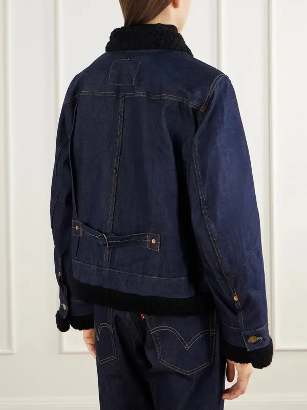 Sacai Plush And Leather-trimmed Denim Jacket