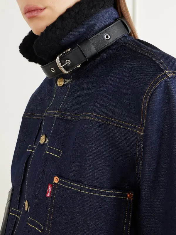 Sacai Plush And Leather-trimmed Denim Jacket