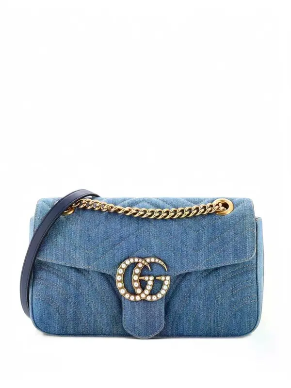 Gucci Pearly Gg Marmont Flap Bag Matelasse Denim Small Shoulder Bag