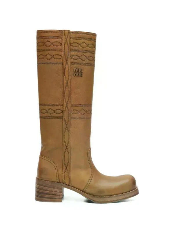 Miu Miu Embroidered Leather Boots - Brown