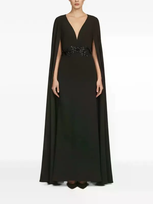 Marchesa Embellished Cape Maxi Dress - Black