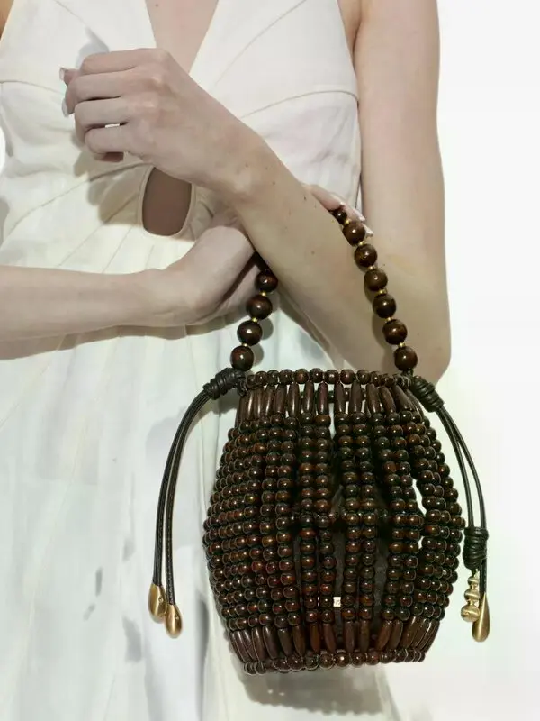Cult Gaia Lanterna Beaded Wood Bucket Bag - Brown