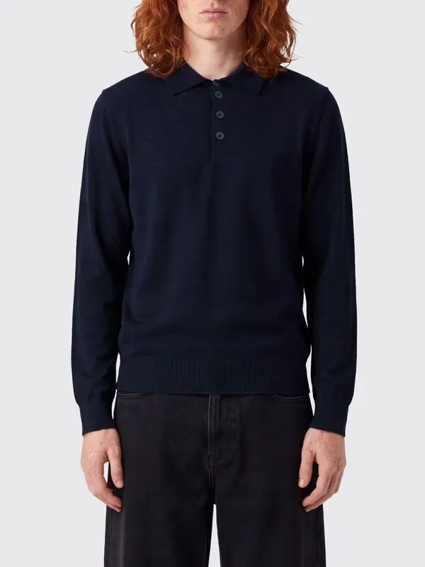Emporio Armani Long-sleeved Virgin Wool Knit Polo Shirt With Three-button Placket - Blue