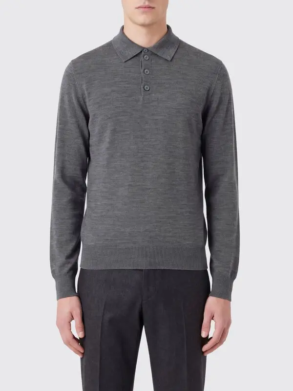 Emporio Armani Long-sleeved Virgin Wool Knit Polo Shirt With Three-button Placket - Grey