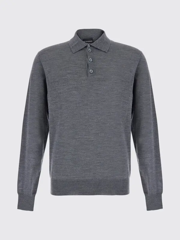Emporio Armani Long-sleeved Virgin Wool Knit Polo Shirt With Three-button Placket - Grey
