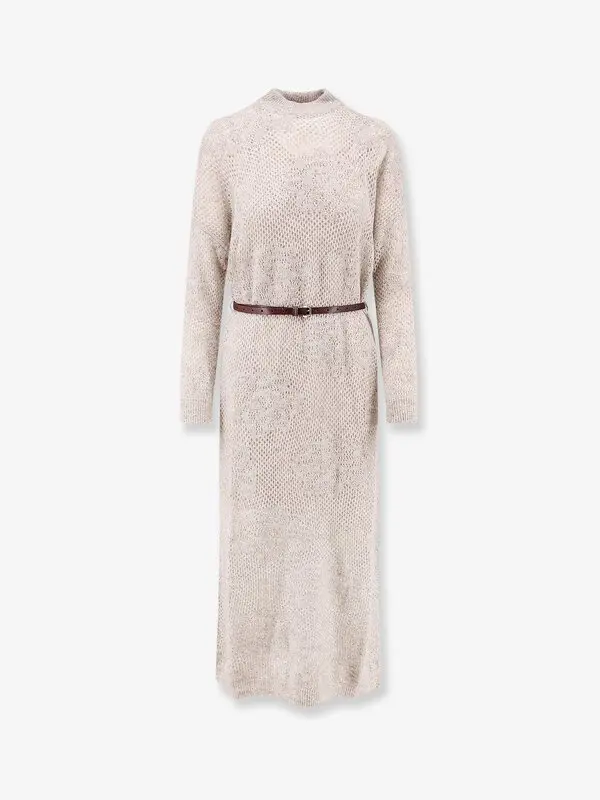 Brunello Cucinelli Mohair And Wool Blend Long Dress With All-over Dazzling Detail - Grey