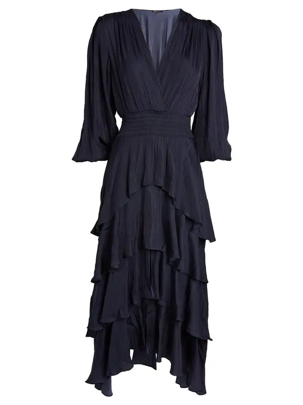 Maje Ruffled V-neck Midi Dress With Billowing Sleeves - Blue