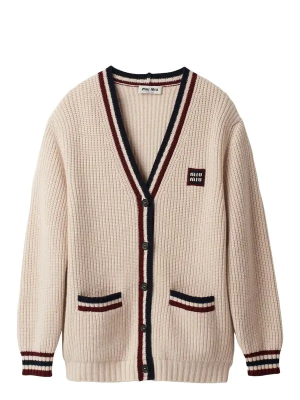 Miu Miu Cashmere Knitted Cardigan With Applique And Two-tone Stripes - Neutral