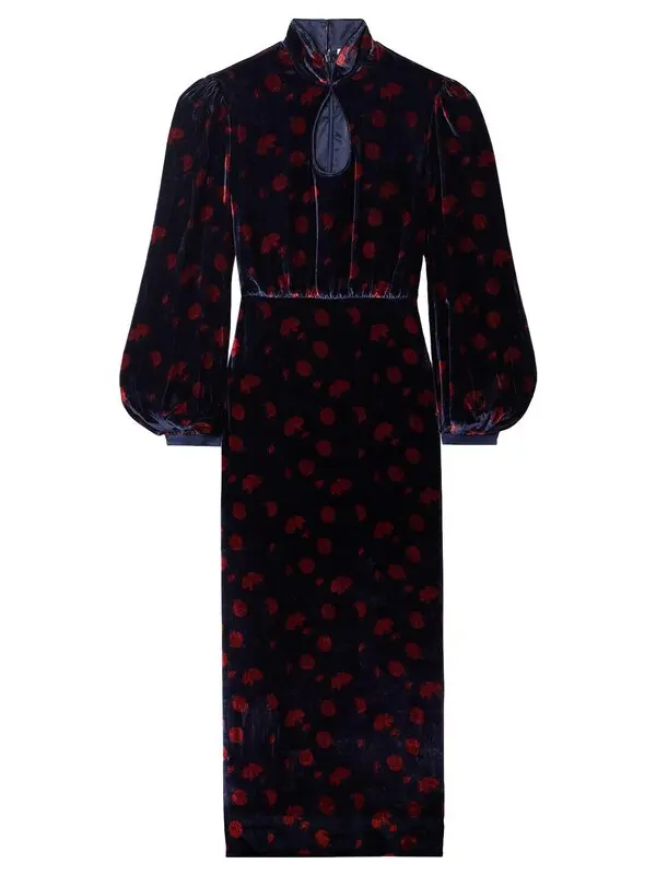 Saloni Domino Cutout Floral-print Velvet Turtleneck Midi Dress - Blue