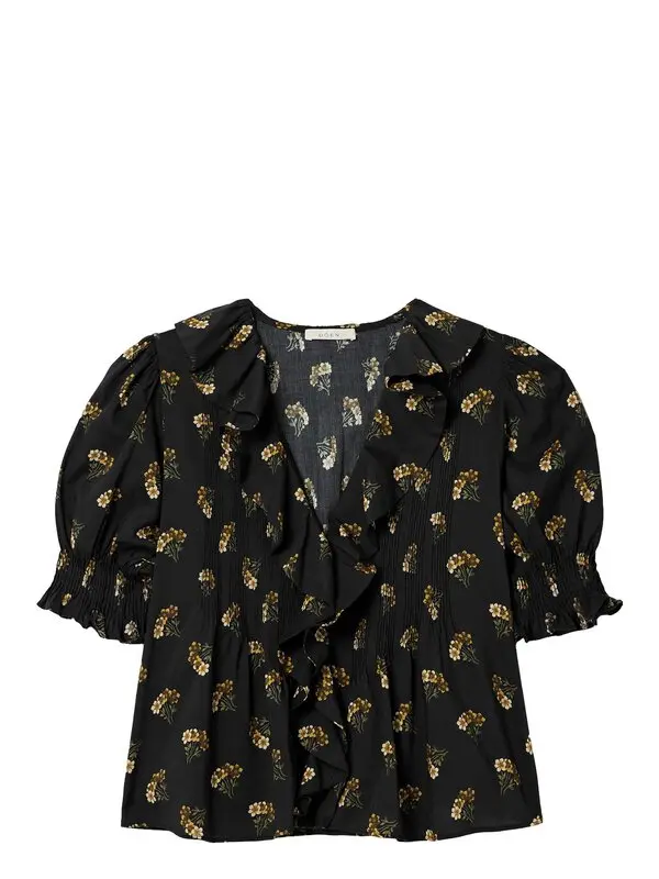 DÔEN Henri Ruffled Pintucked Floral-print Top - Black
