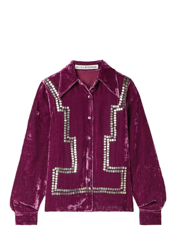 Alix Of Bohemia Dolly Embellished Crushed-velvet Shirt - Purple