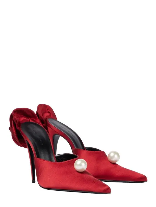 Magda Butrym Faux Pearl Embellished Satin Pointed Toe Mules - Red