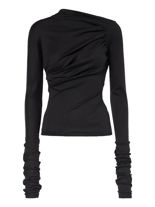 DIDU Gathered Cotton Long Sleeve Top - Black