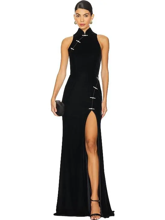 SAU LEE Velvet Gown With Crystal Embellishments - Black