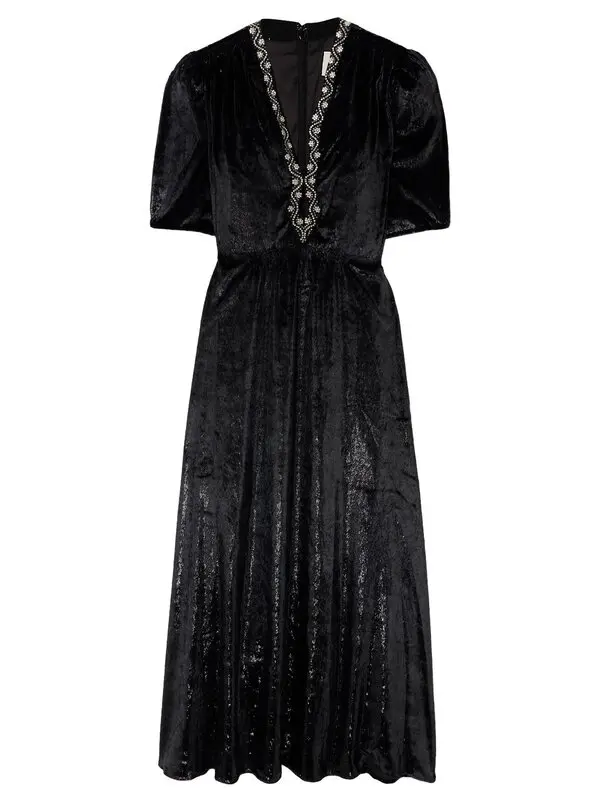Saloni Tabitha Embellished Metallic Velvet Midi Dress - Black