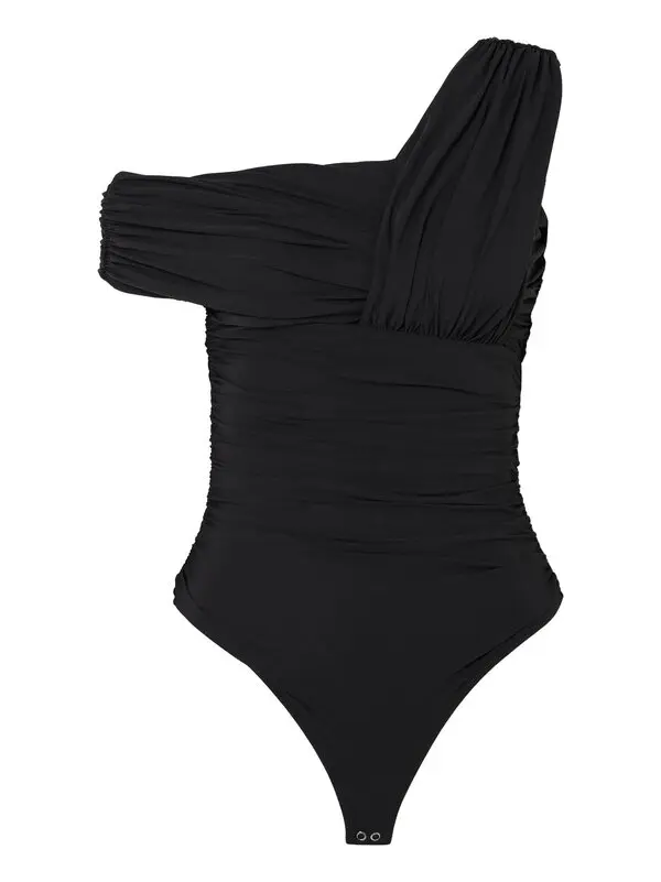 AGOLDE Etienne Off-the-shoulder Ruched Stretch-jersey Thong Bodysuit - Black
