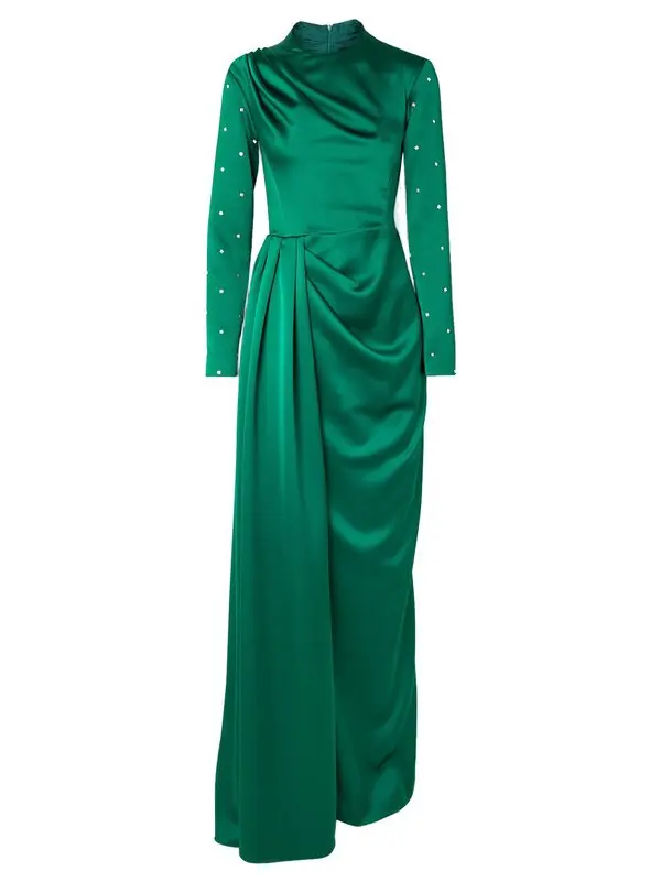 RASARIO Crystal-embellished Draped Satin Gown - Green