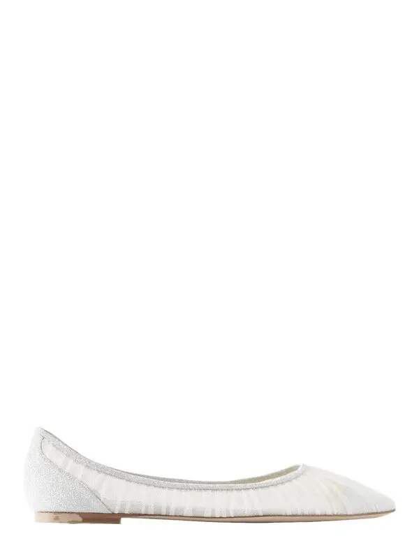JIMMY CHOO Love Glittered Tulle And Canvas Point-toe Flats - Neutrals