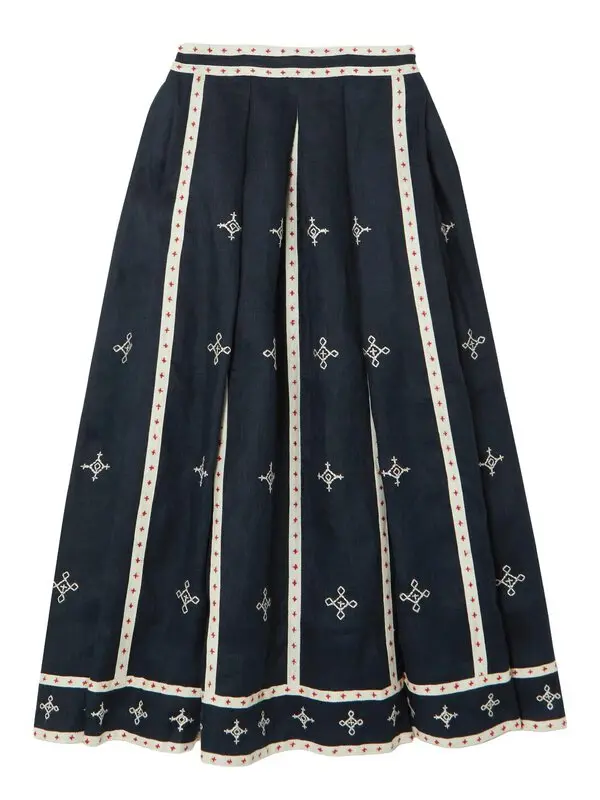 Vita Kin Gera Embroidered Linen Midi Skirt - Blue
