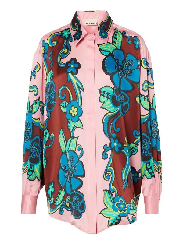 ALEMAIS Floral Puff Sleeve Silk Satin Shirt - Multicoloured