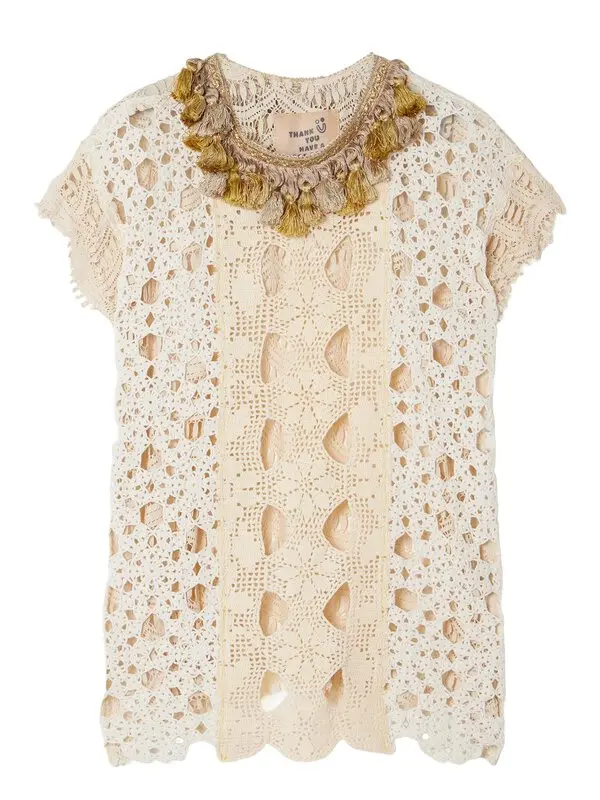 Thank You Have A Good Day Tasseled Patchwork Crocheted Cotton Top - Neutrals