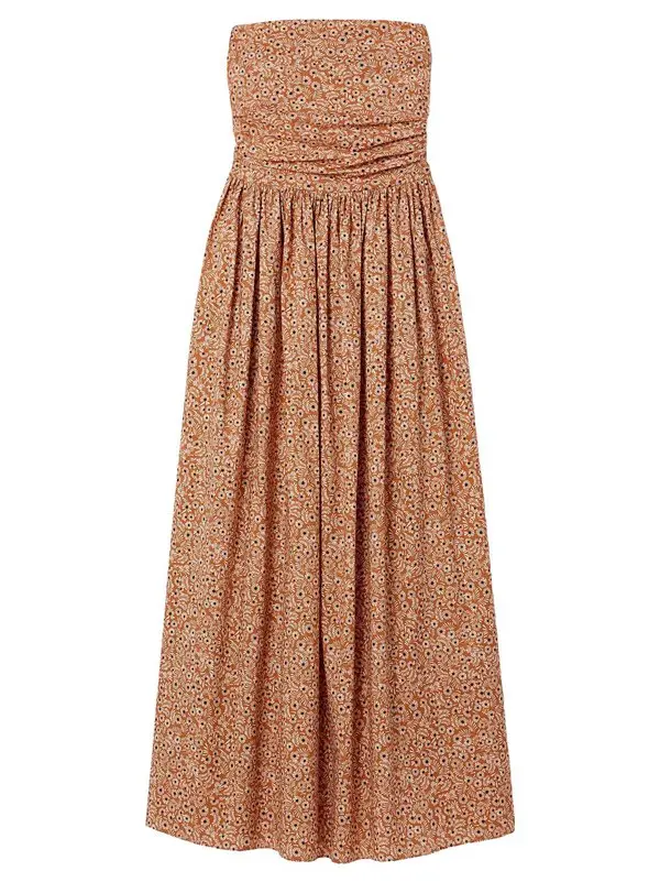 Matteau Strapless Gathered Floral-print Organic Cotton Midi Dress - Orange