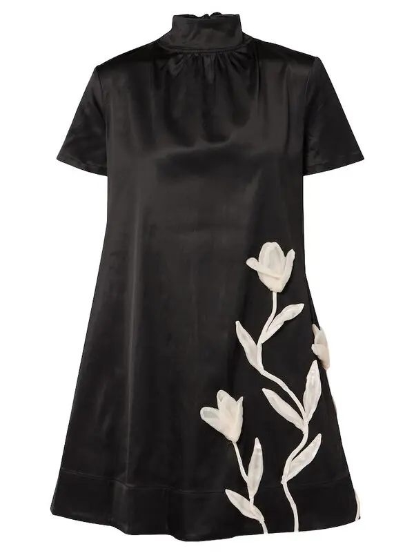 Staud Ilana Floral Appliqué Satin Mini Dress - Black