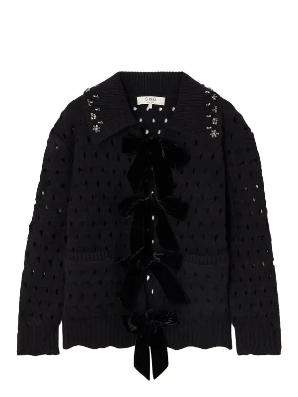 Sea Leia Embellished Open-knit Wool Cardigan - Black