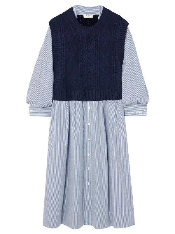 Sea Caleb Cable-knit Merino Wool And Striped Cotton-poplin Midi Dress - Blue
