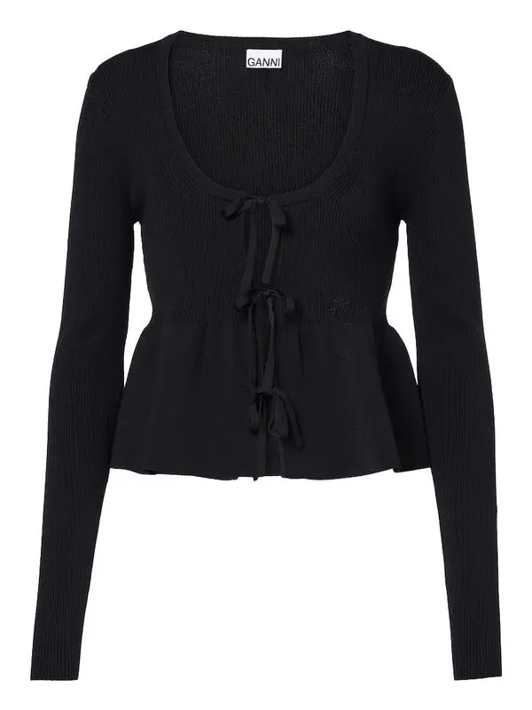 GANNI Ribbed-knit Peplum Top With Self-tie Closure - Black