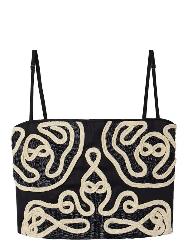 Johanna Ortiz Cropped Linen Top With Appliqué And Straw Trim - Black
