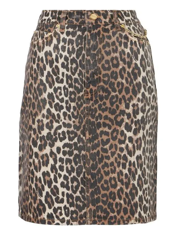 GANNI Leopard Print Denim Midi Skirt - Brown