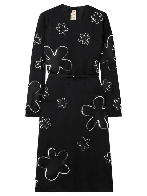 Marni Belted Sequin-embellished Floral Jacquard Midi Dress - Black