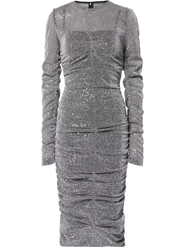 Dolce & Gabbana Sequined Ruched Midi Dress - Silver