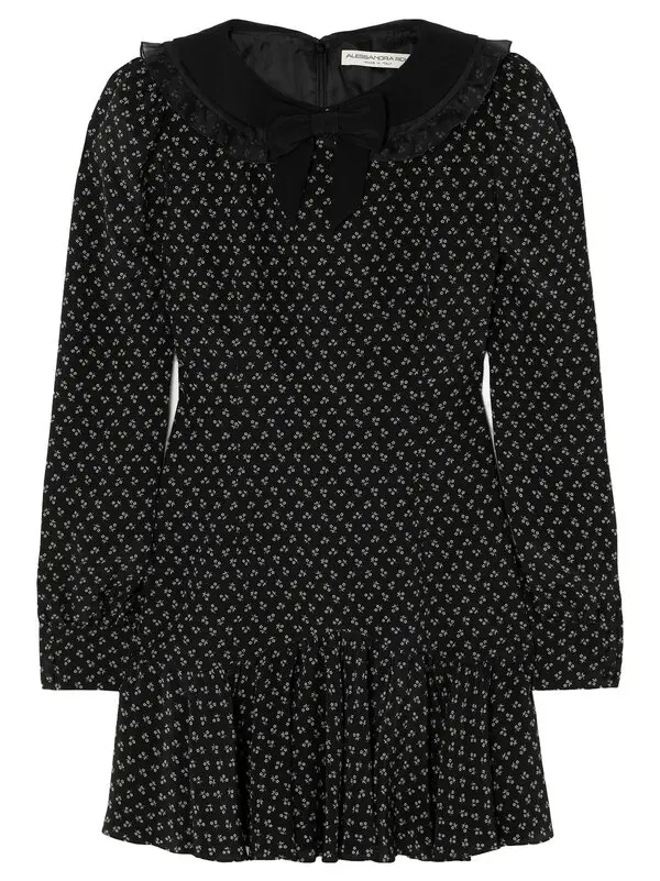 Alessandra Rich Floral-print Silk Crepe De Chine Mini Dress With Velvet And Tulle Trim - Black