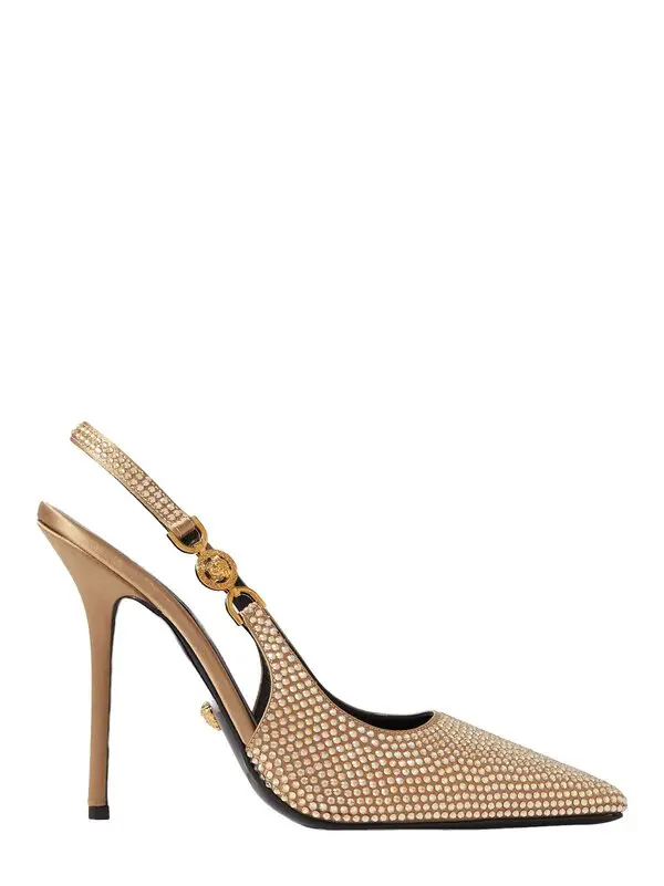 Versace Embellished Satin Slingback Pumps - Brown