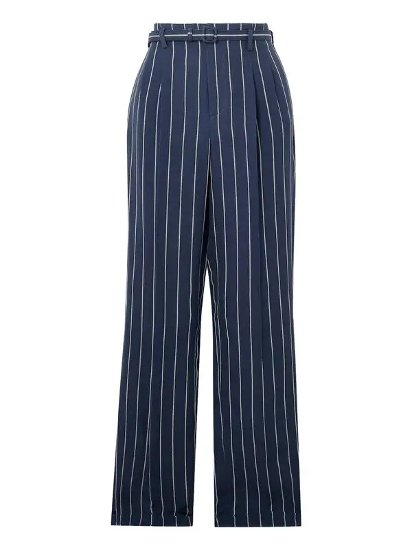 Ralph Lauren Stamford Belted Pinstriped Linen And Cotton-blend Straight-leg Trousers - Blue