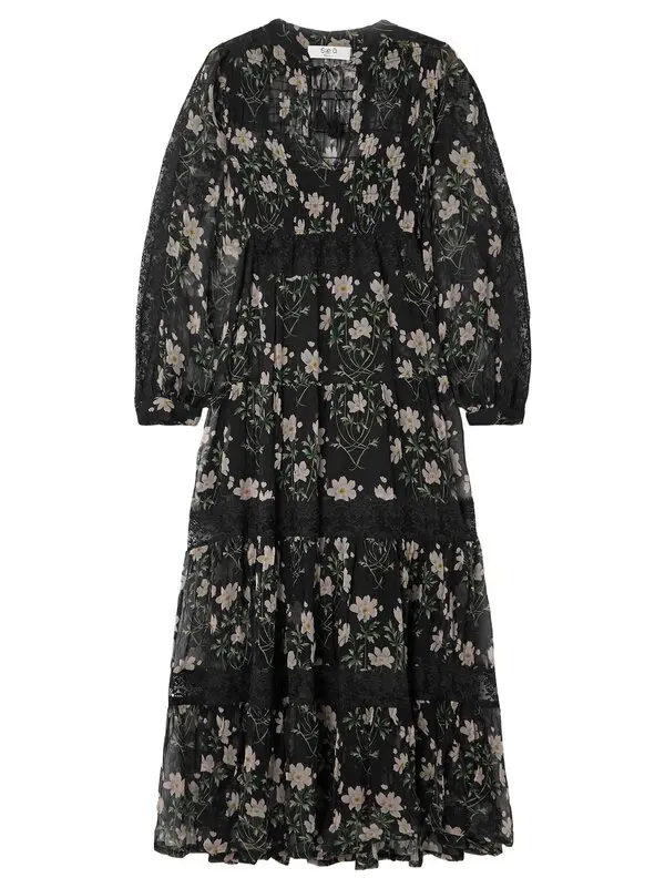 Sea Elizabeth Tiered Floral Lace-trimmed Crepon Midi Dress - Black