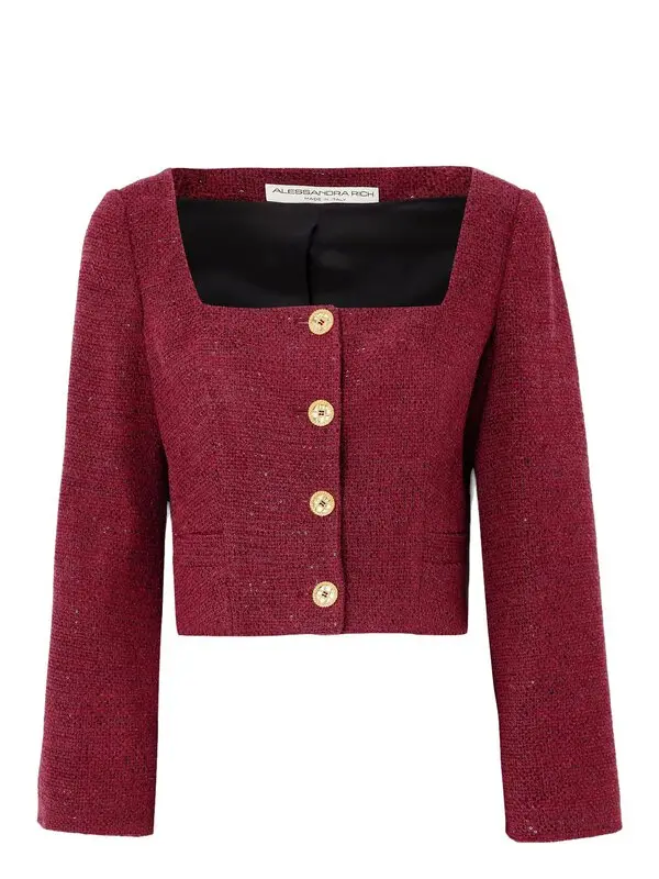 Alessandra Rich Cropped Sequinned Tweed Jacket - Red